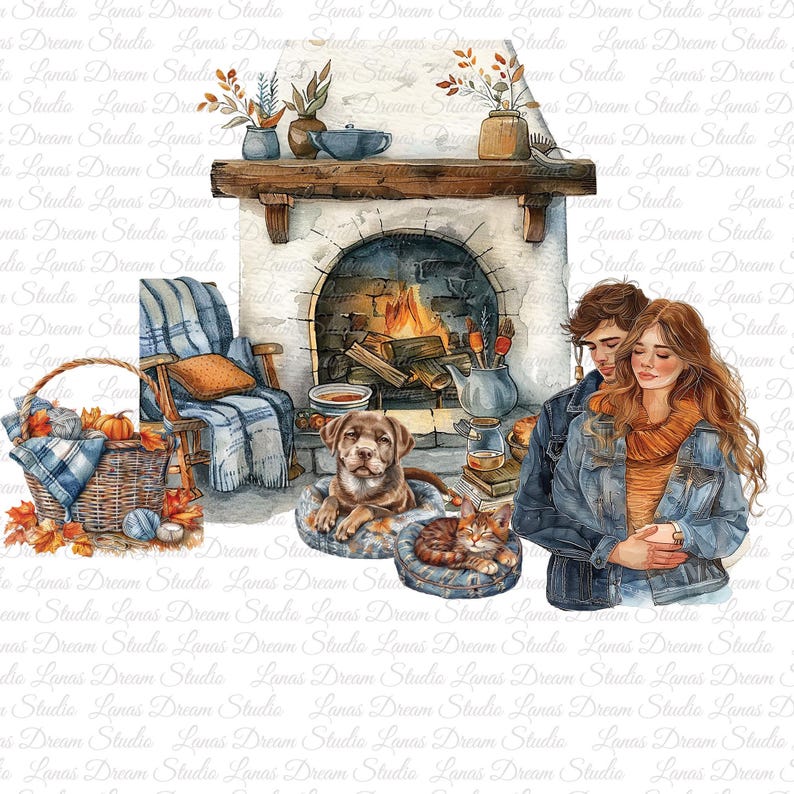 Cozy Blue Autumn. Cottagecore, Countryside. Watercolor Clipart PNG. AI ...