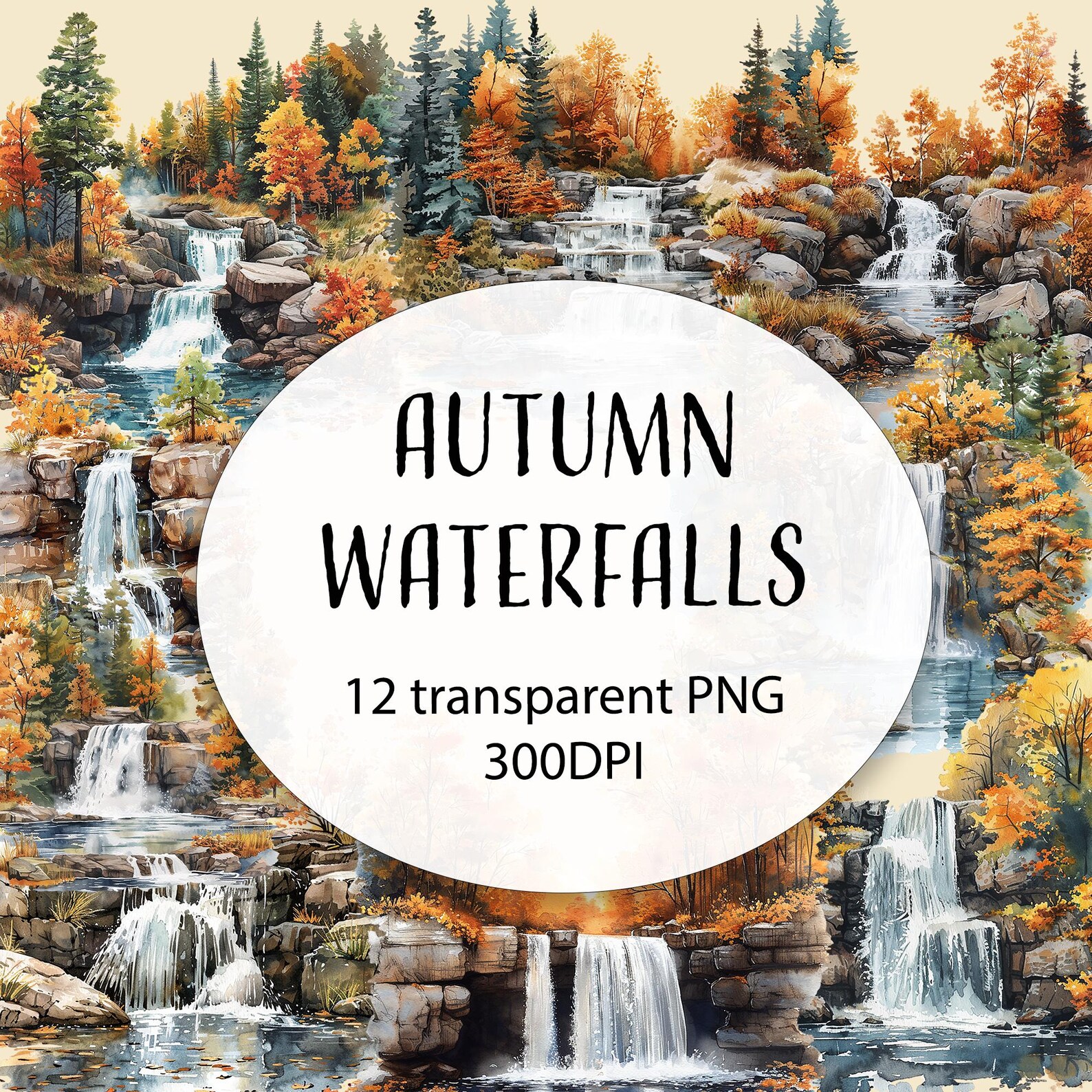 Autumn Waterfalls. Watercolor Clipart PNG. AI Illustration. Instant ...