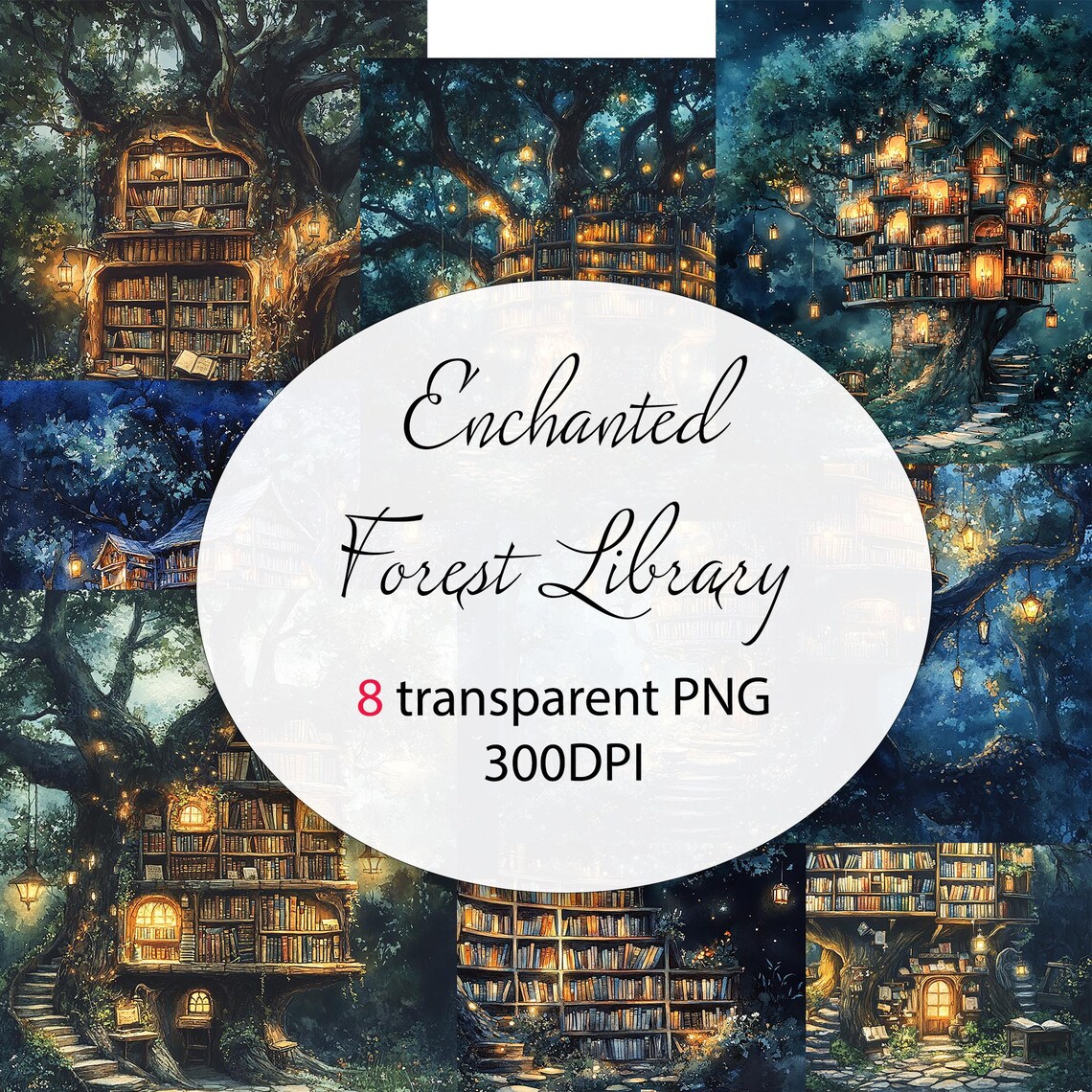 Enchanted Forest Library Watercolor Clipart: Commercial Use (PNG ...