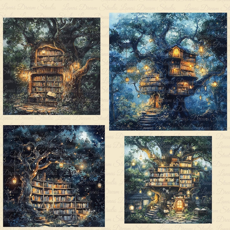 Enchanted Forest Library Watercolor Clipart: Commercial Use (PNG ...