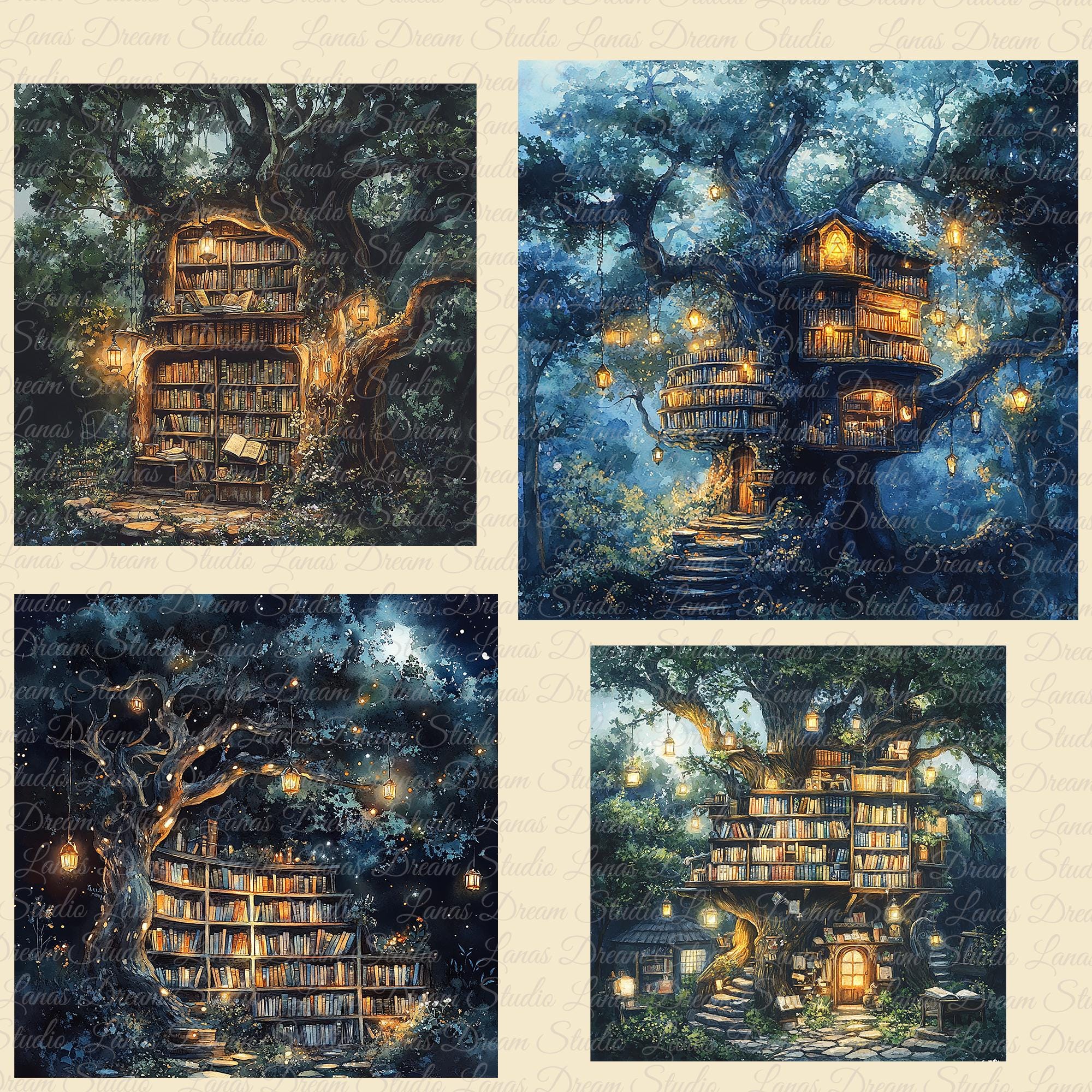 Enchanted Forest Library Watercolor Clipart: Commercial Use (PNG ...