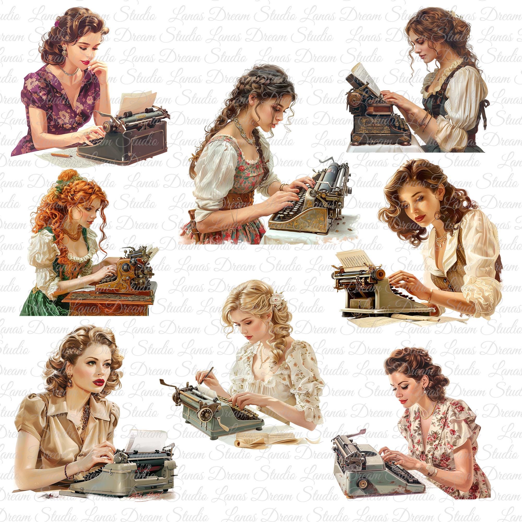 Vintage Typewriter Girls Watercolor Clipart: 15 PNG Illustrations ...