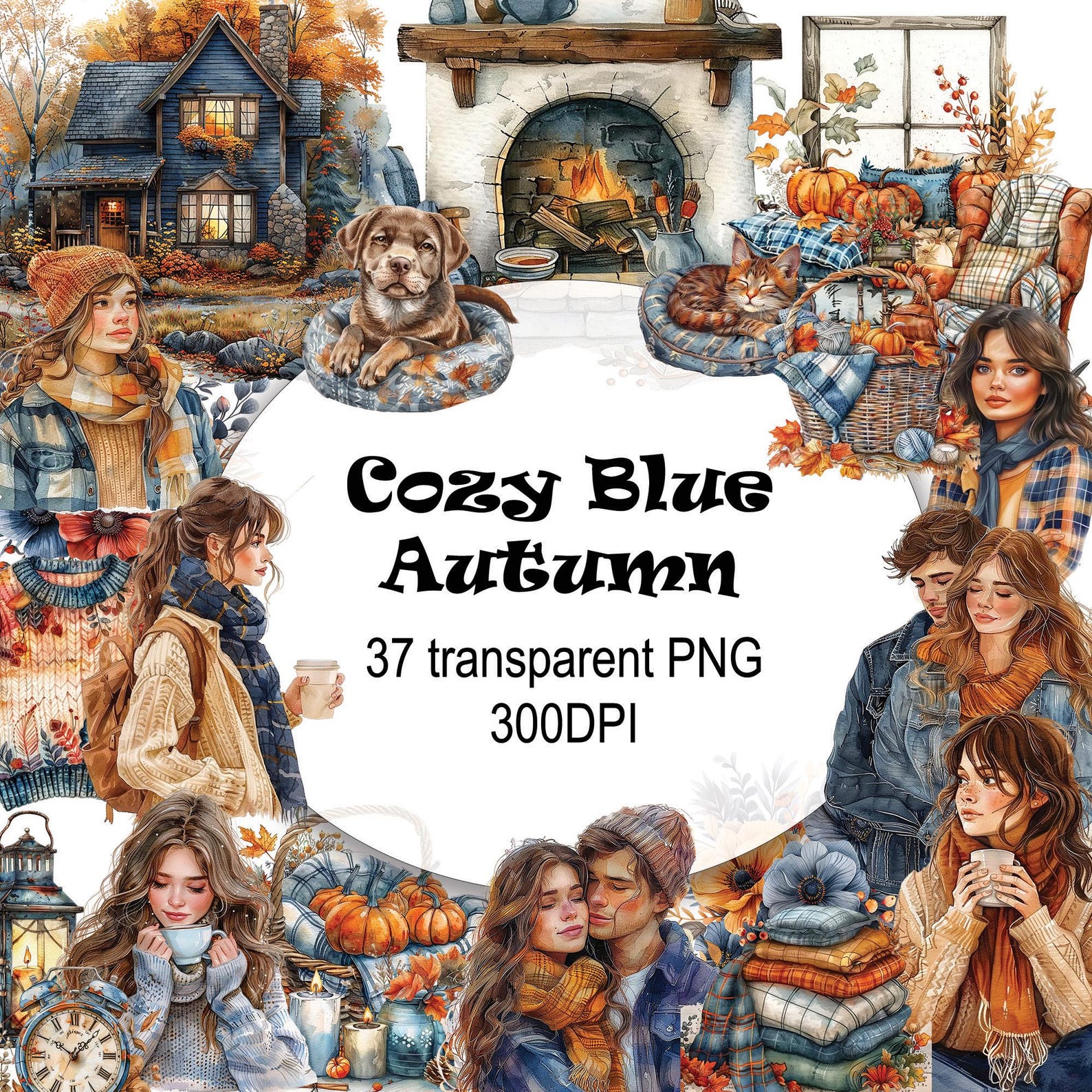Cozy Blue Autumn. Cottagecore, Countryside. Watercolor Clipart PNG. AI ...