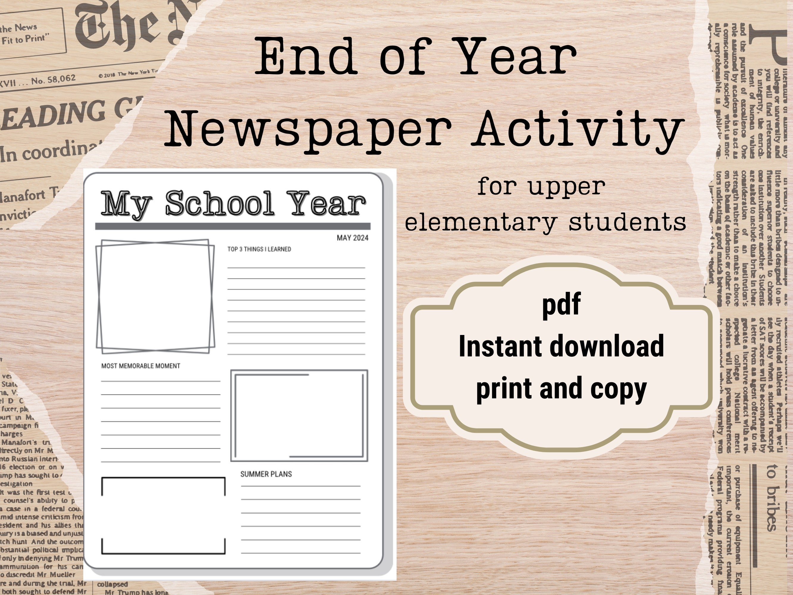 Printable Newspaper Activity for End of School Last Day of School ...