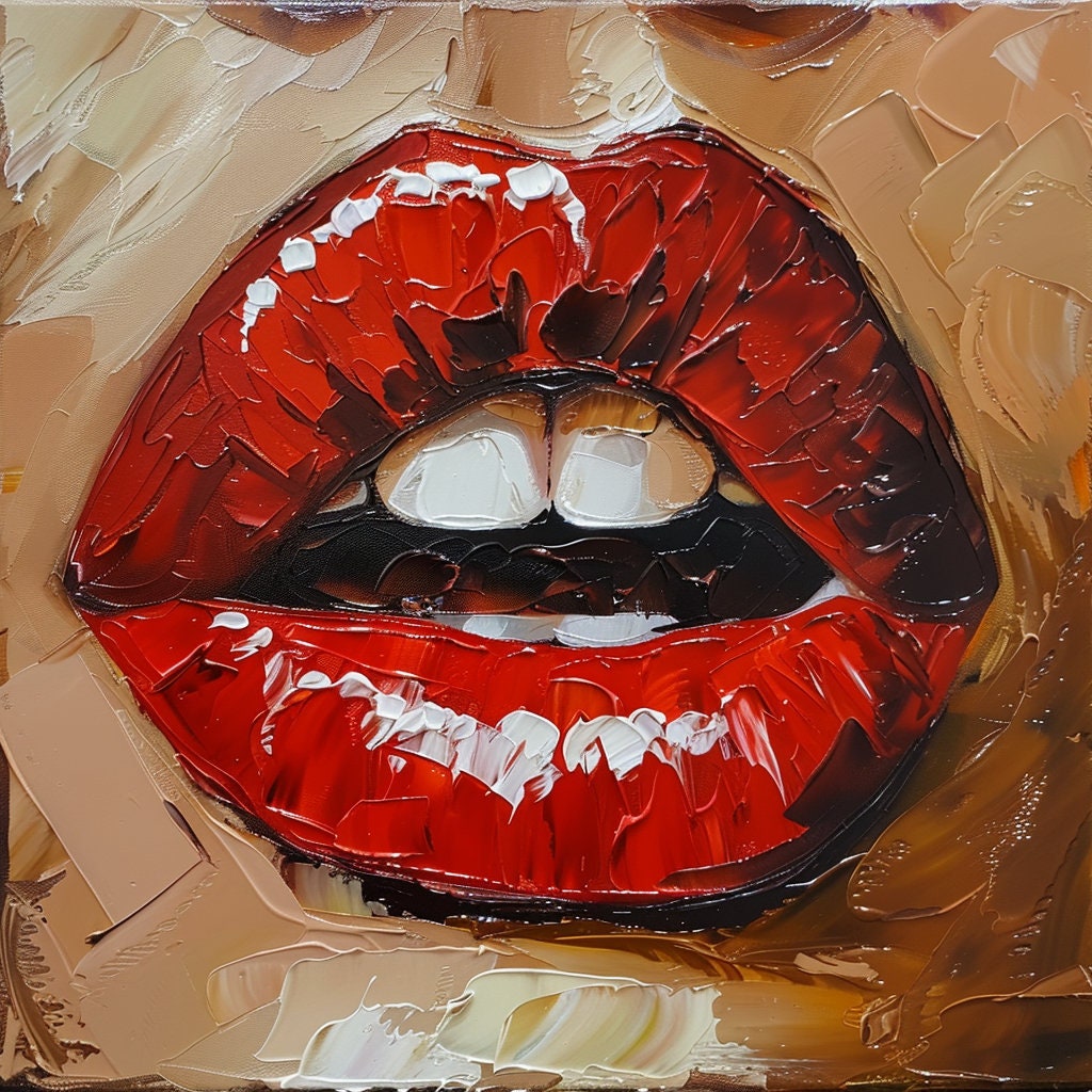 Abstract Oil Painting of Modern Woman's Lips in Red Lipstick. This is a ...