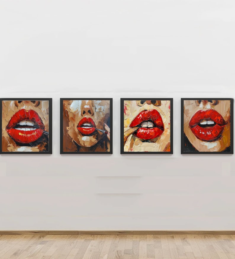 Abstract Oil Painting of Modern Woman's Lips in Red Lipstick. This is a ...