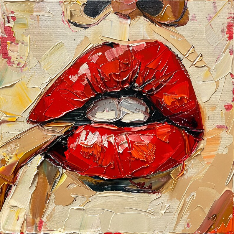 Abstract Oil Painting of Modern Woman's Lips in Red Lipstick. This is a ...