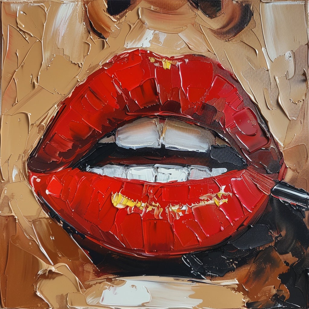Abstract Oil Painting of Modern Woman's Lips in Red Lipstick. This is a ...