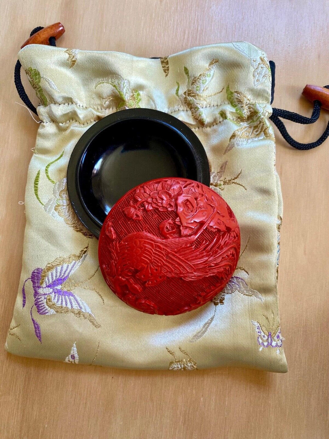 Vintage Red Chinese Bird Phoenix Carved Cinnabar 3" Trinket Box Cloth ...