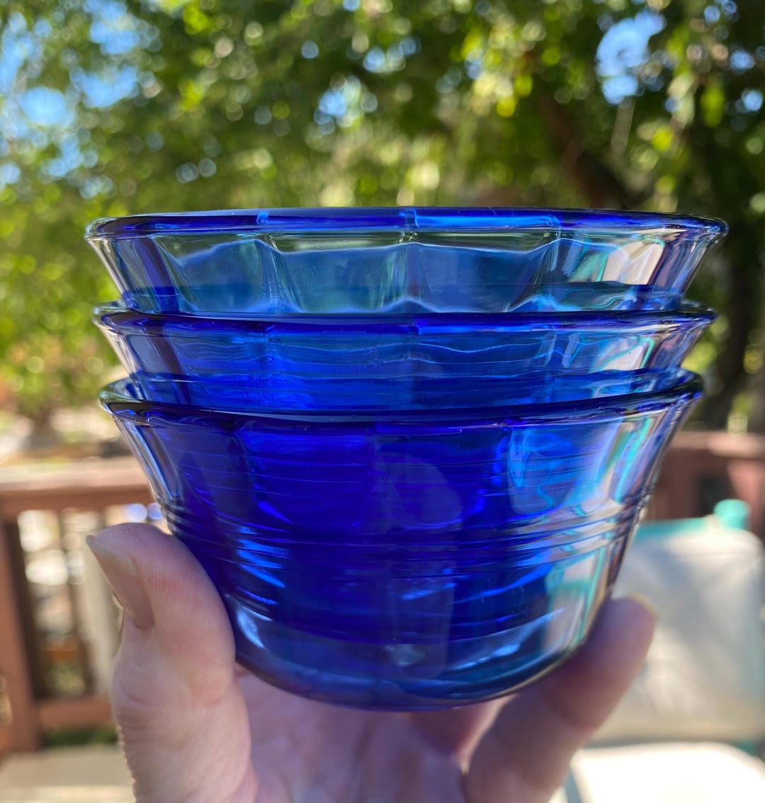 3 PYREX 463 175ml Cobalt Blue Custard Dishes Cups Ramekin 3-ring Design ...