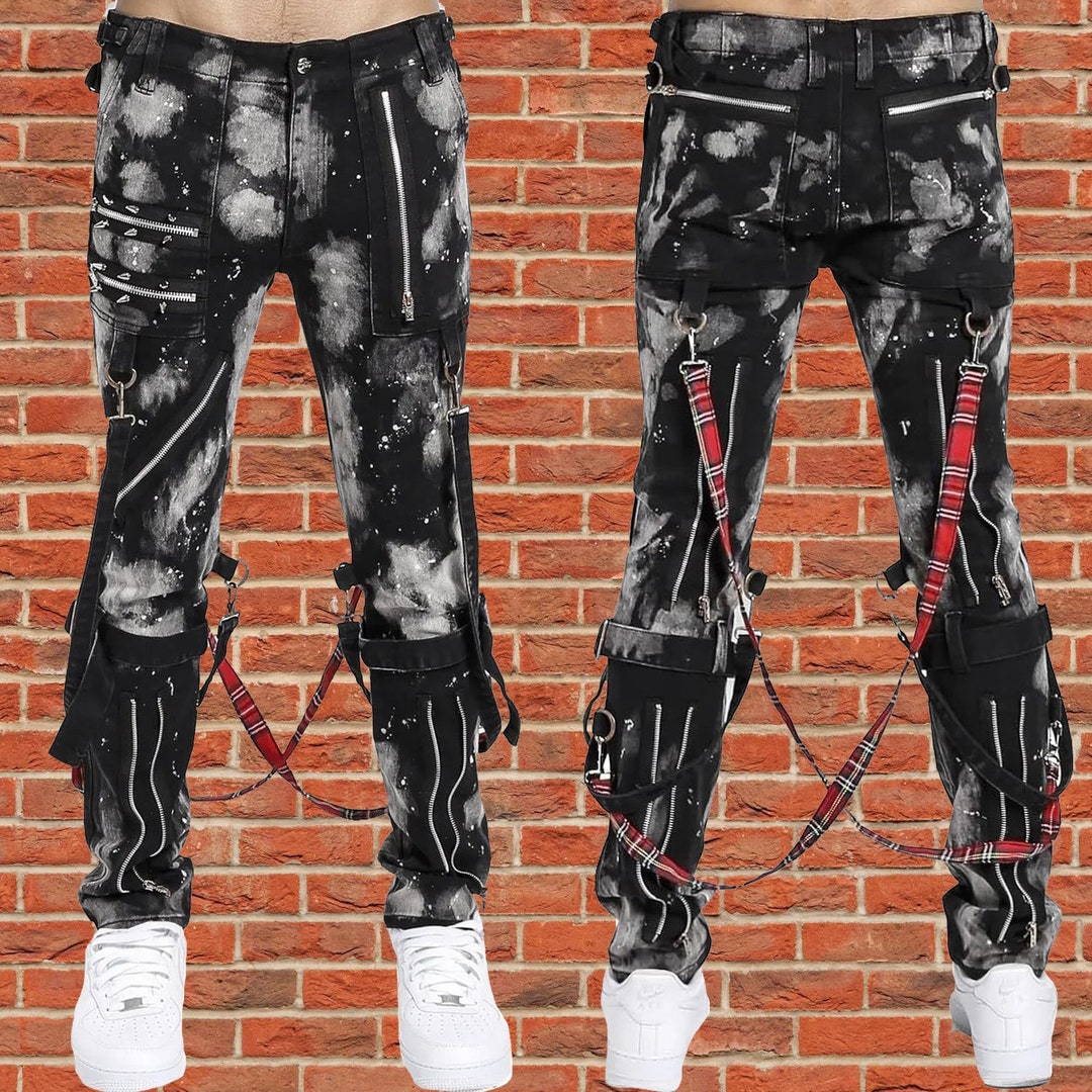 Men's Gothic Threads Bleach Pant Black Punk Buckle Zips Chain Strap ...