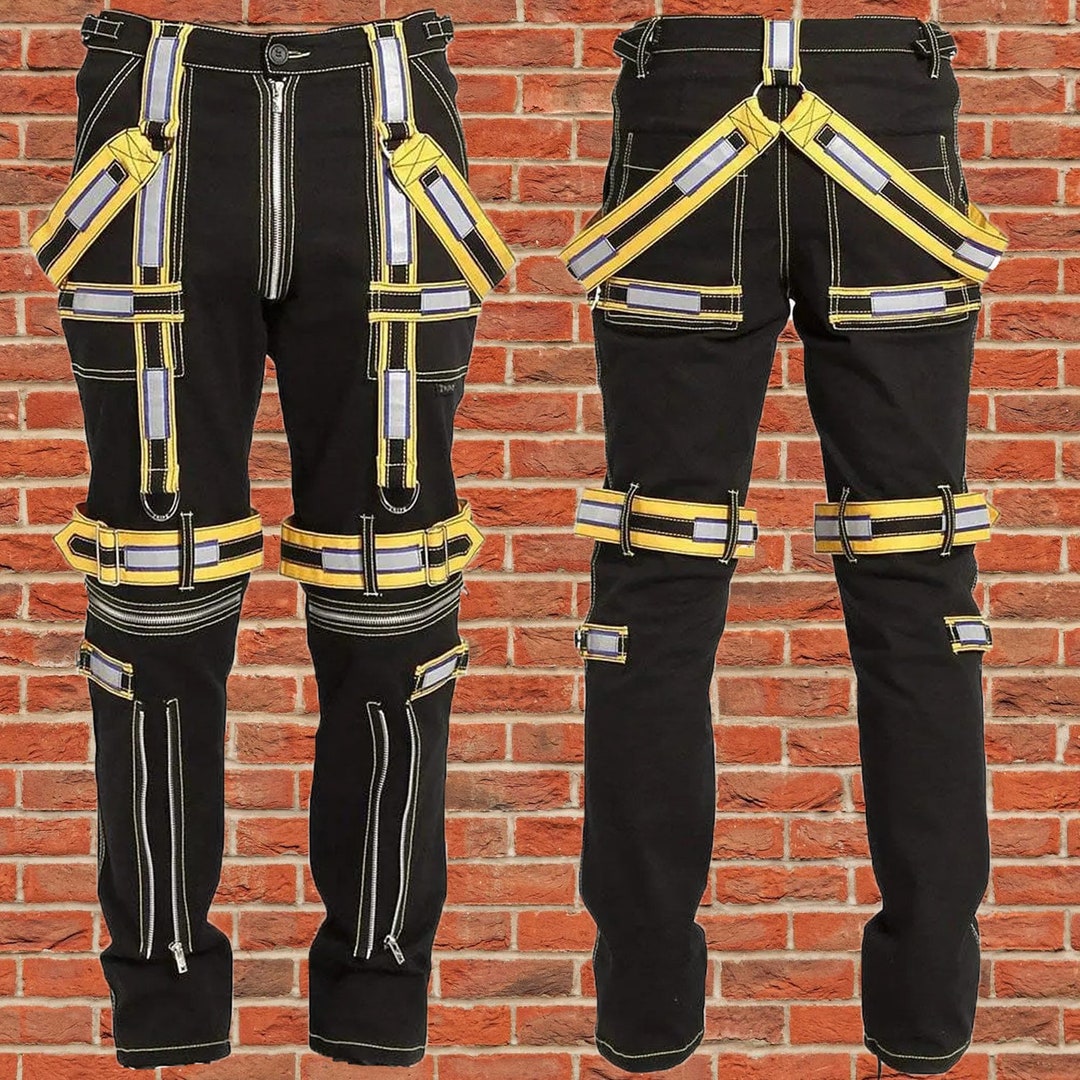 Men Gothic Cyber Jeans Apocalyptic Black & Yellow Punk Emo Trip Pants ...