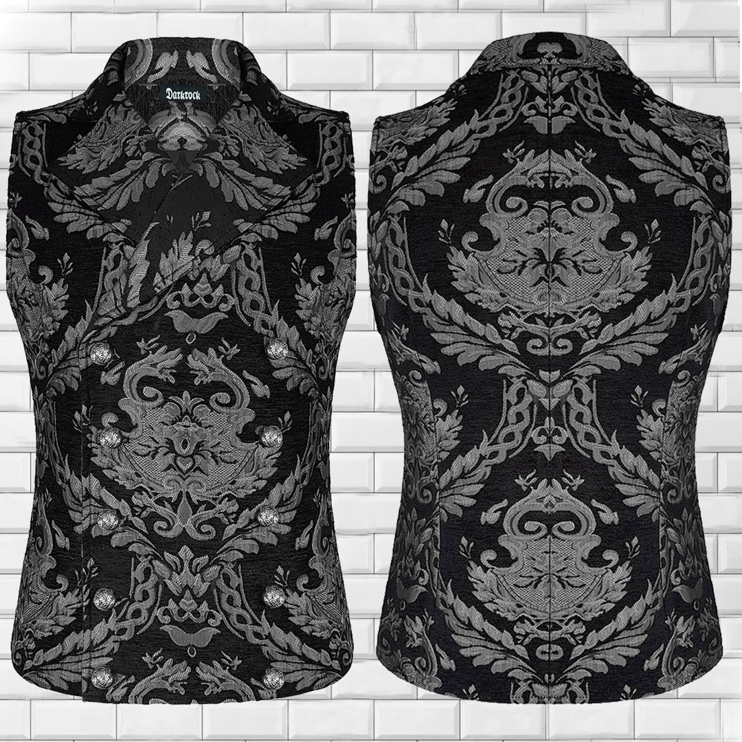 Mens Silver Gothic Brocade Victorian Double Breasted Vest Waistcoat ...