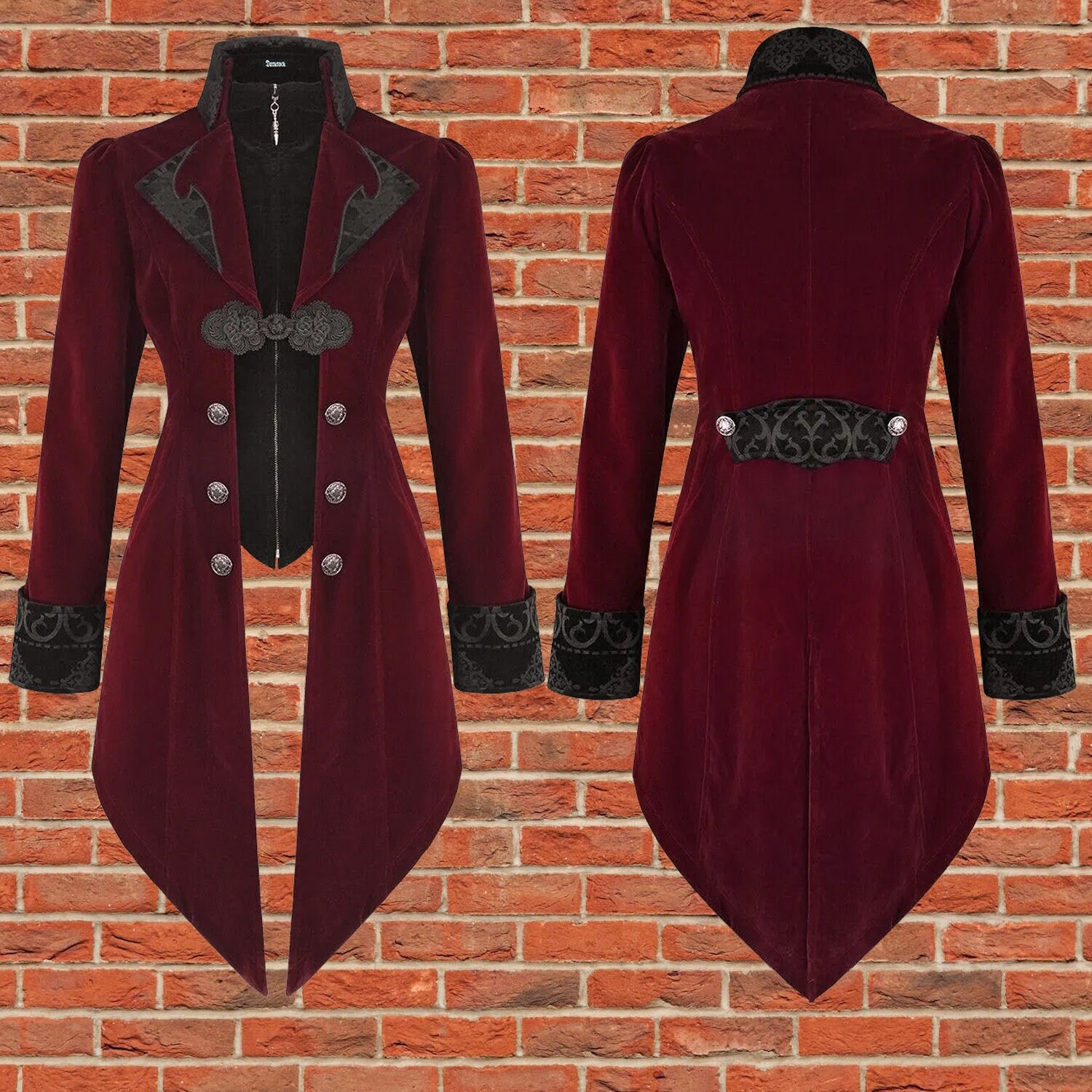 New Womens Steampunk Swallow Tailcoat Gothic Long Maroon Velvet Coat ...