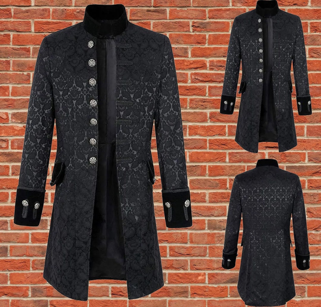 Mens Steampunk Black Brocade Jacket Velvet Goth VTG Victorian Coat/tail ...
