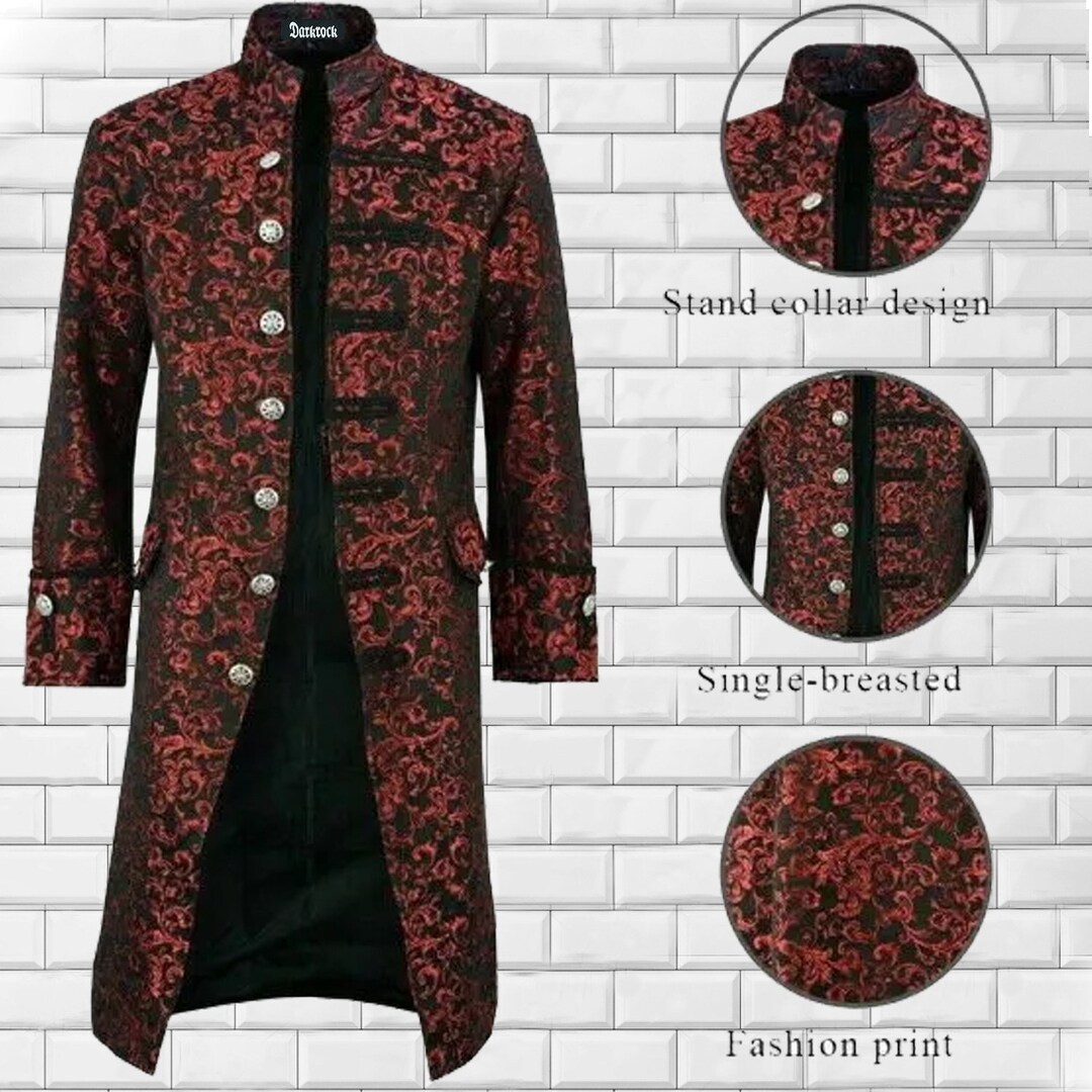 Mens Steampunk Red Brocade Jacket Velvet Goth VTG Victorian Coat/tail ...