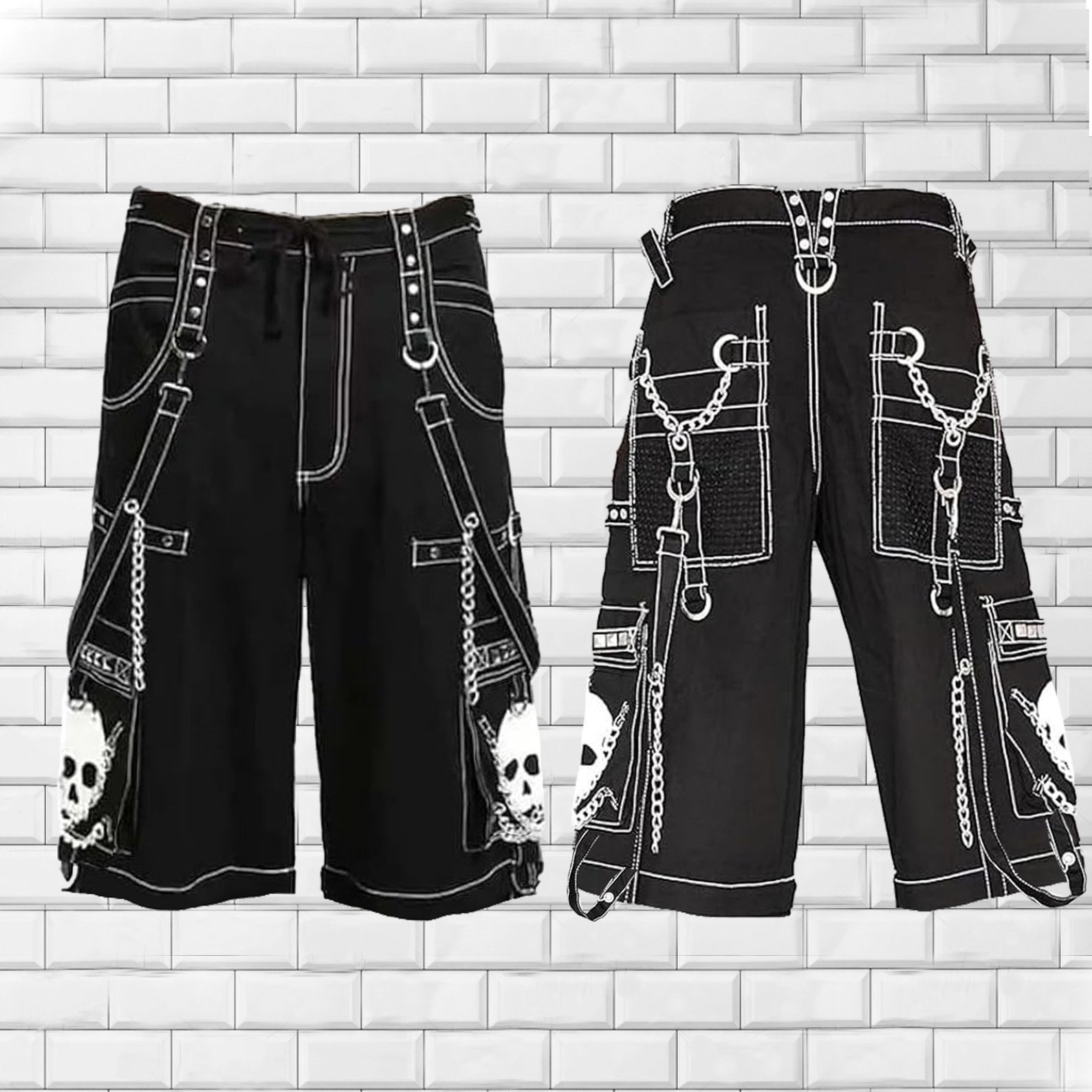 Men Black Punk Shorts Gothic Cotton Shorts Punk Emo With Zipper/skull ...