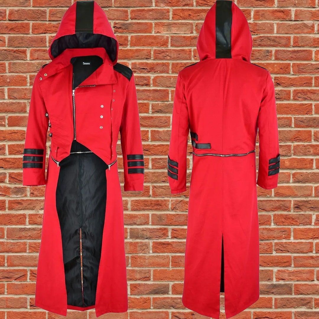 Mens Hooded Red Punisher Long Trench Coat Long Jacket Red Gothic ...