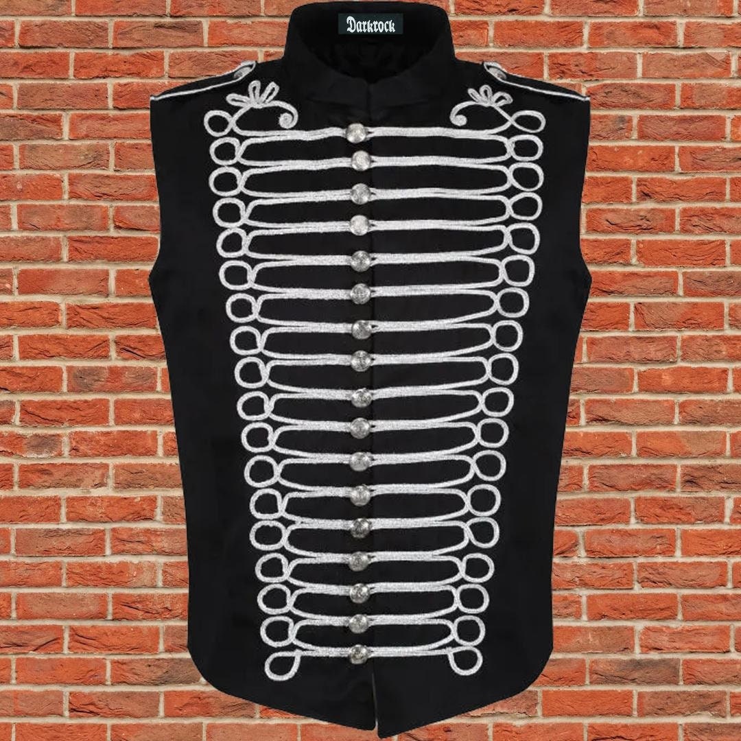 New Mens Gothic Military Hussar Jacket Black & Silver Long Sleeve Less ...