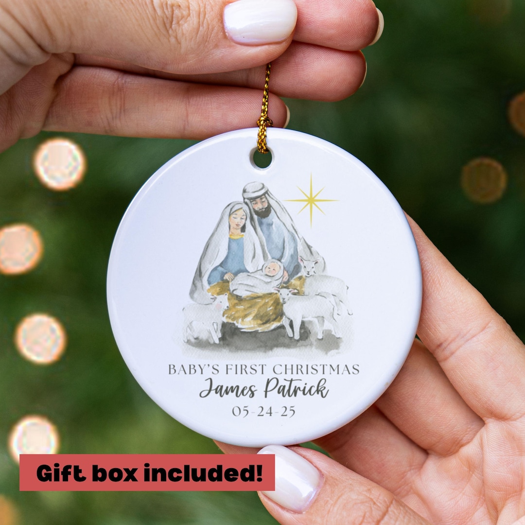 Baptism Gift Baby Ornament With Watercolor Holy Family, Personalized ...