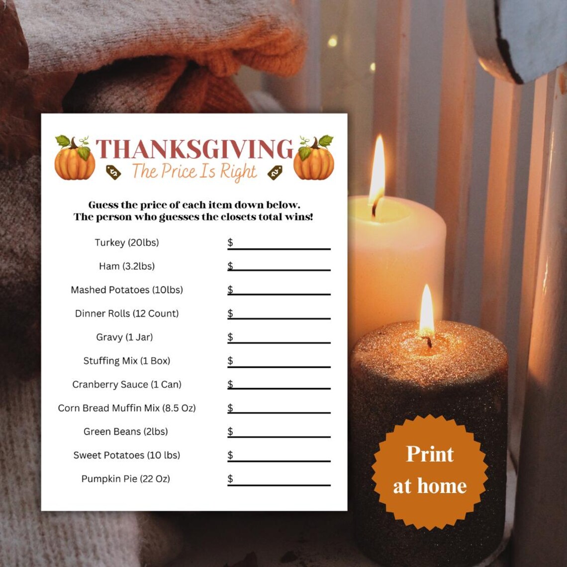 Thanksgiving Price is Right Game: Printable Adult Party (digital ...