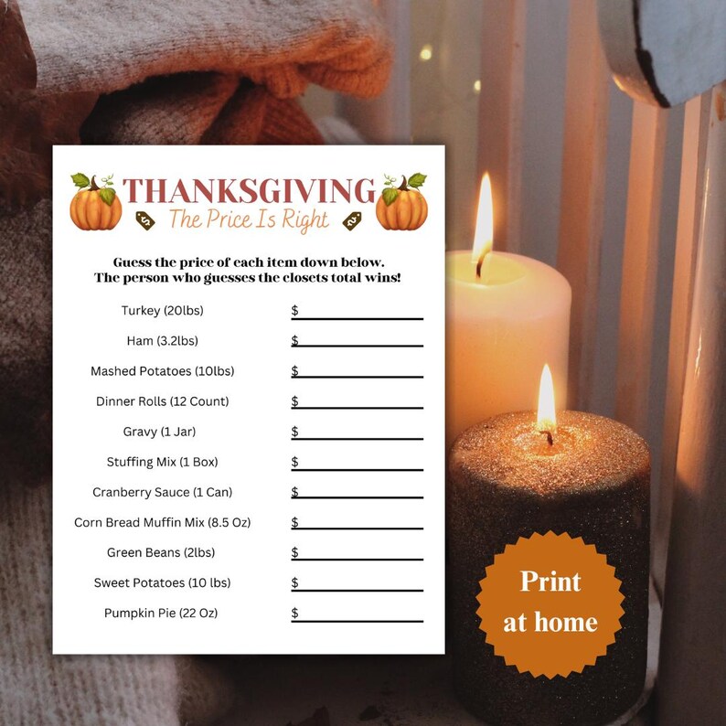Thanksgiving Price is Right Game: Printable Adult Party (digital ...