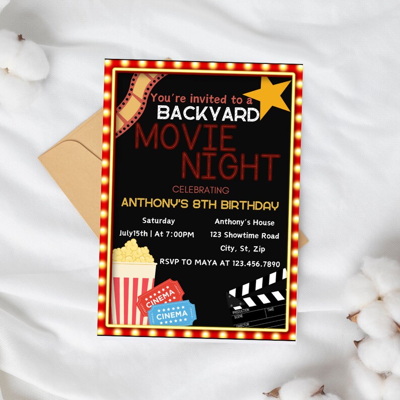 Movie Night Birthday Invitation | Movie Birthday Party Invite | Movie ...