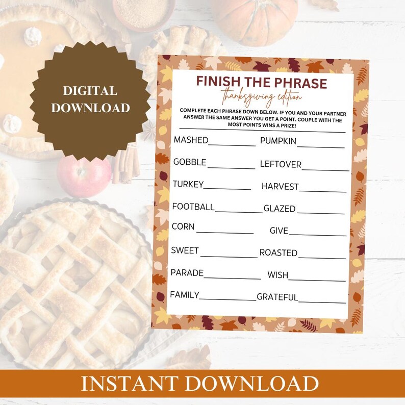 Thanksgiving Finish the Phrase Game: Printable Party Activity (digital ...