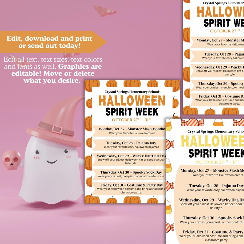 Halloween Spirit Week Flyer Template: Editable School Event Schedule ...