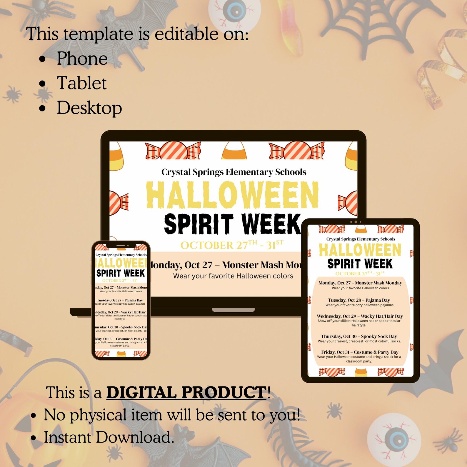 Halloween Spirit Week Flyer Template: Editable School Event Schedule ...