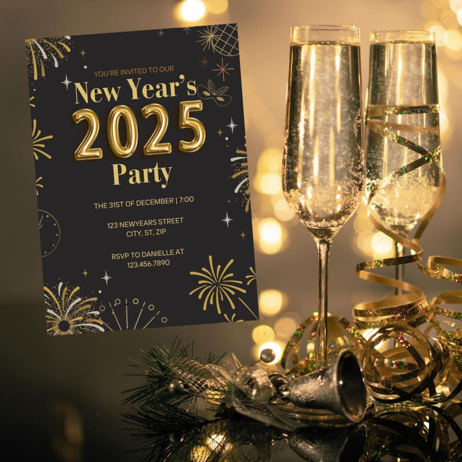 2025 New Years Party Invitation Template | Black and Gold New Years ...