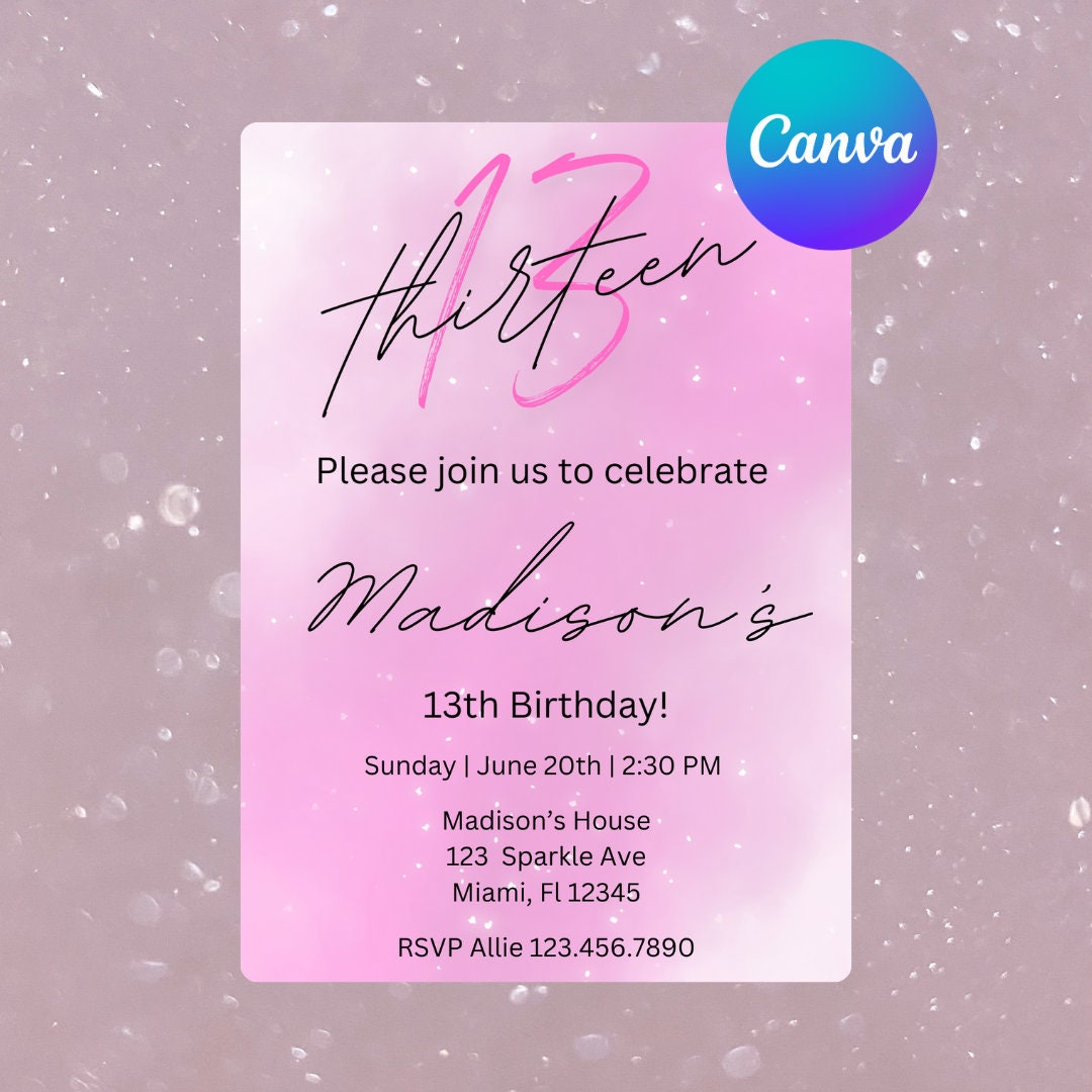 Digital 13th Birthday Invitation Template | Girl Party | Editable ...