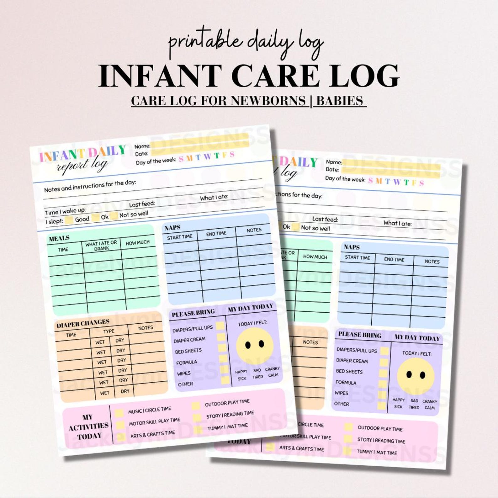 Printable Infant Daily Care Log: Babysitter Daycare Report (PDF ...