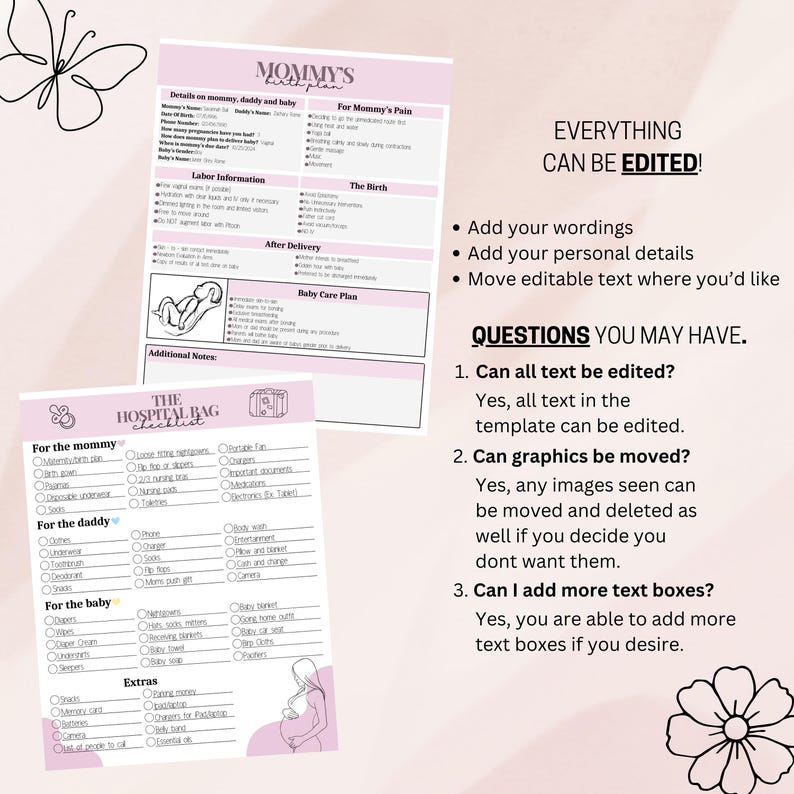 Editable Birth Plan & Hospital Checklist Template (digital Download) - Etsy