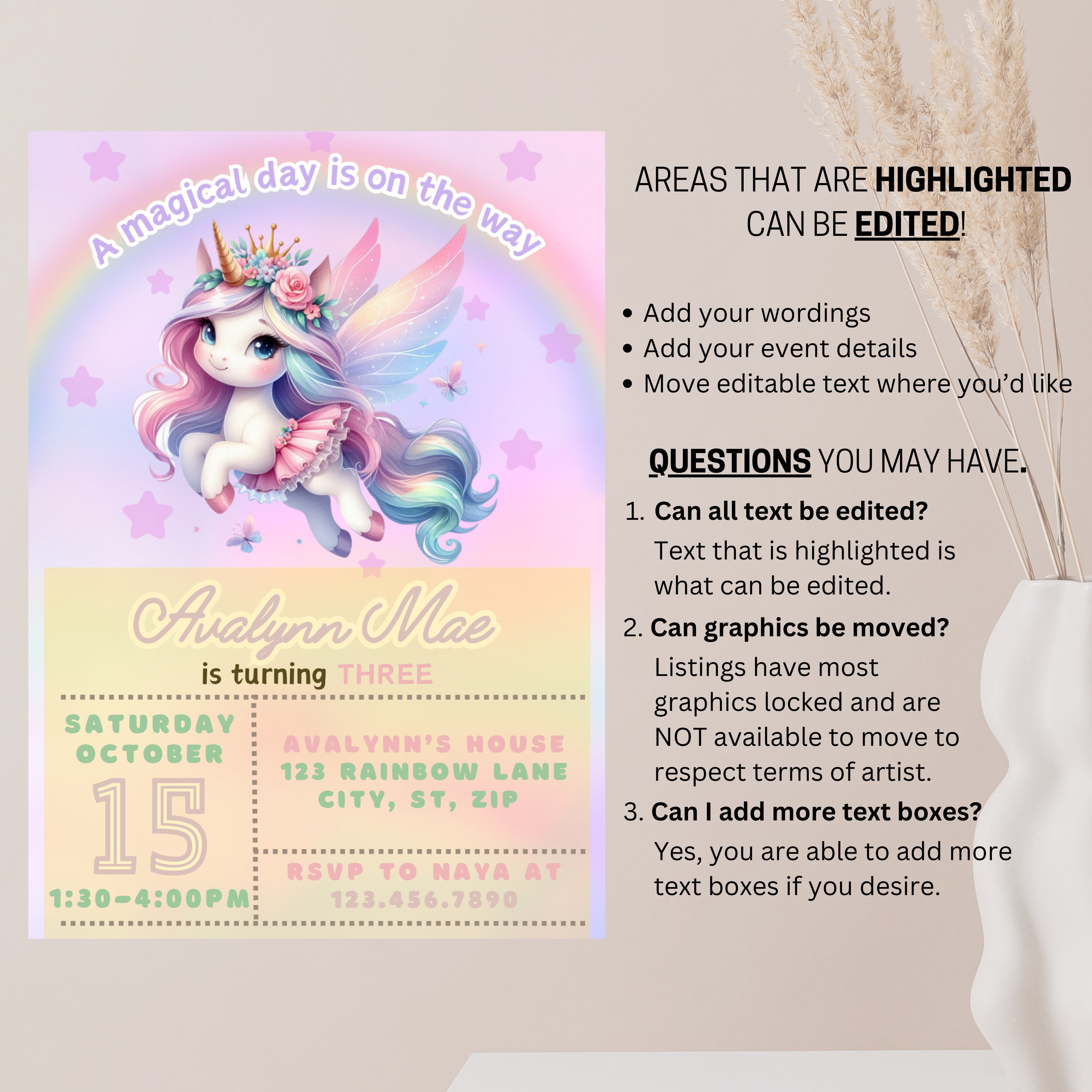 Editable Unicorn Birthday Invitation | Unicorn Rainbow Party | Magical ...