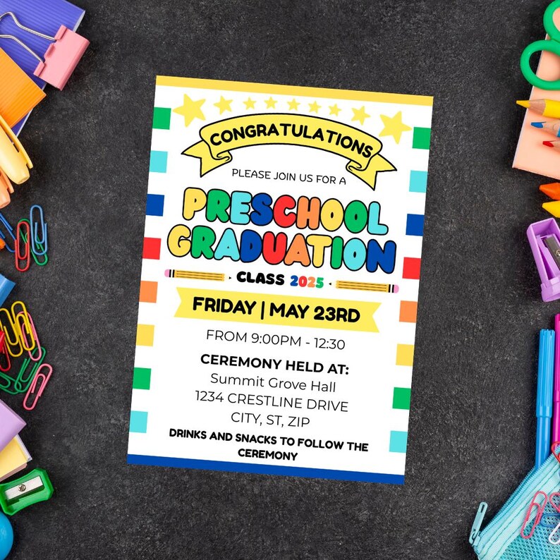 Editable Preschool Graduation Invitation: Colorful Party Invite ...