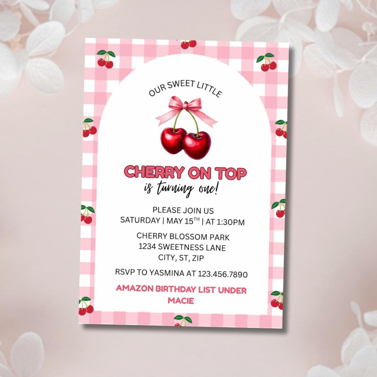 Editable Cherry Birthday Invitation Template | Cherry Coquette Pink Bow ...