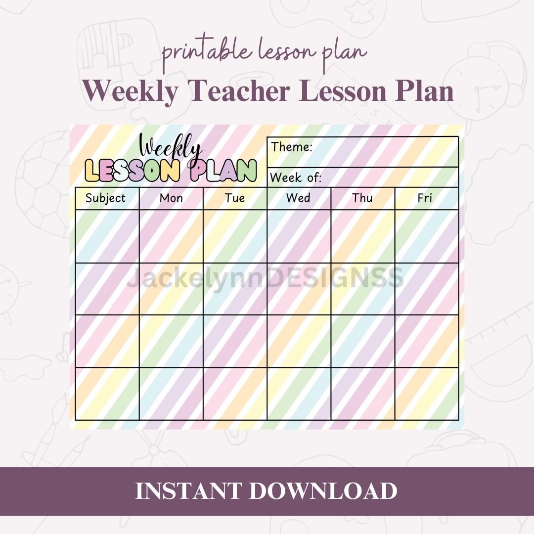 Printable Weekly Teacher Lesson Plan: Elementary School (digital ...
