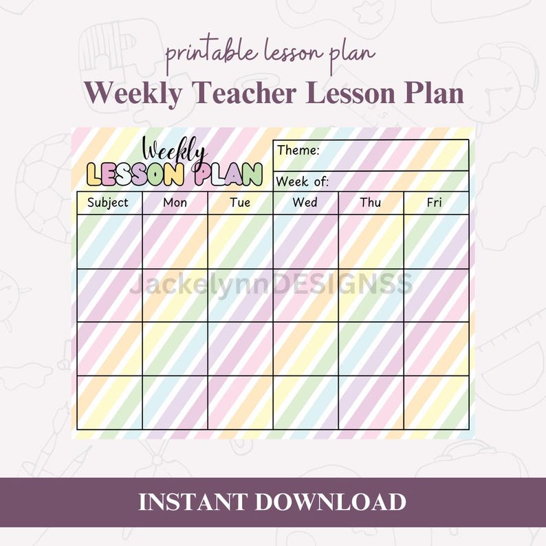 Printable Weekly Teacher Lesson Plan: Elementary School (digital ...