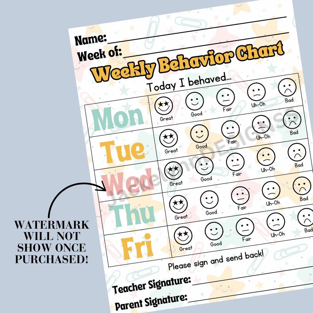 Printable Weekly Behavior Chart for Kids: Classroom Management (digital ...