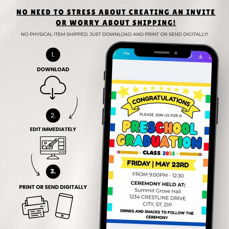 Editable Preschool Graduation Invitation: Colorful Party Invite ...