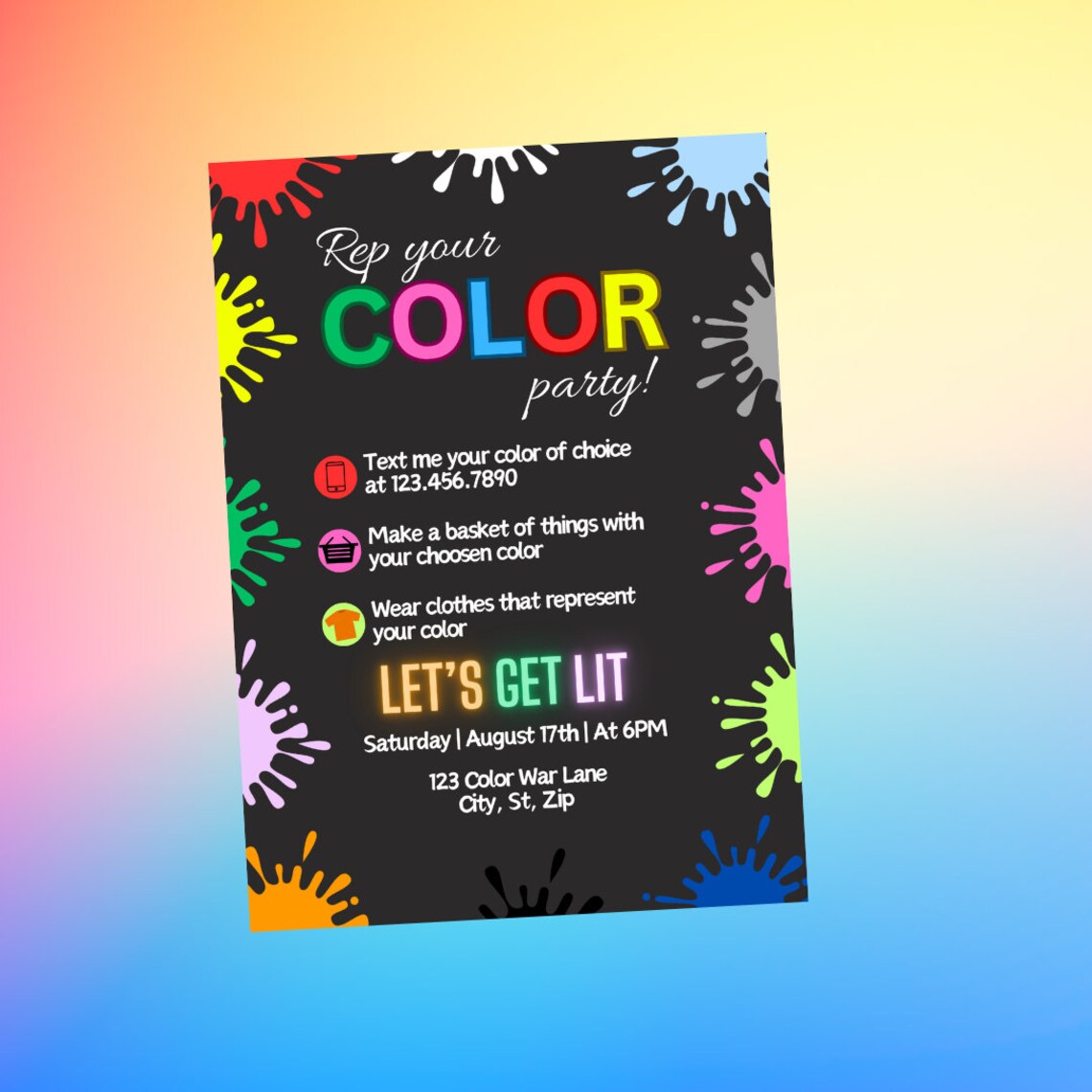 Color Wars Party Invite | Adult Color Party Invitation | Kids Color ...