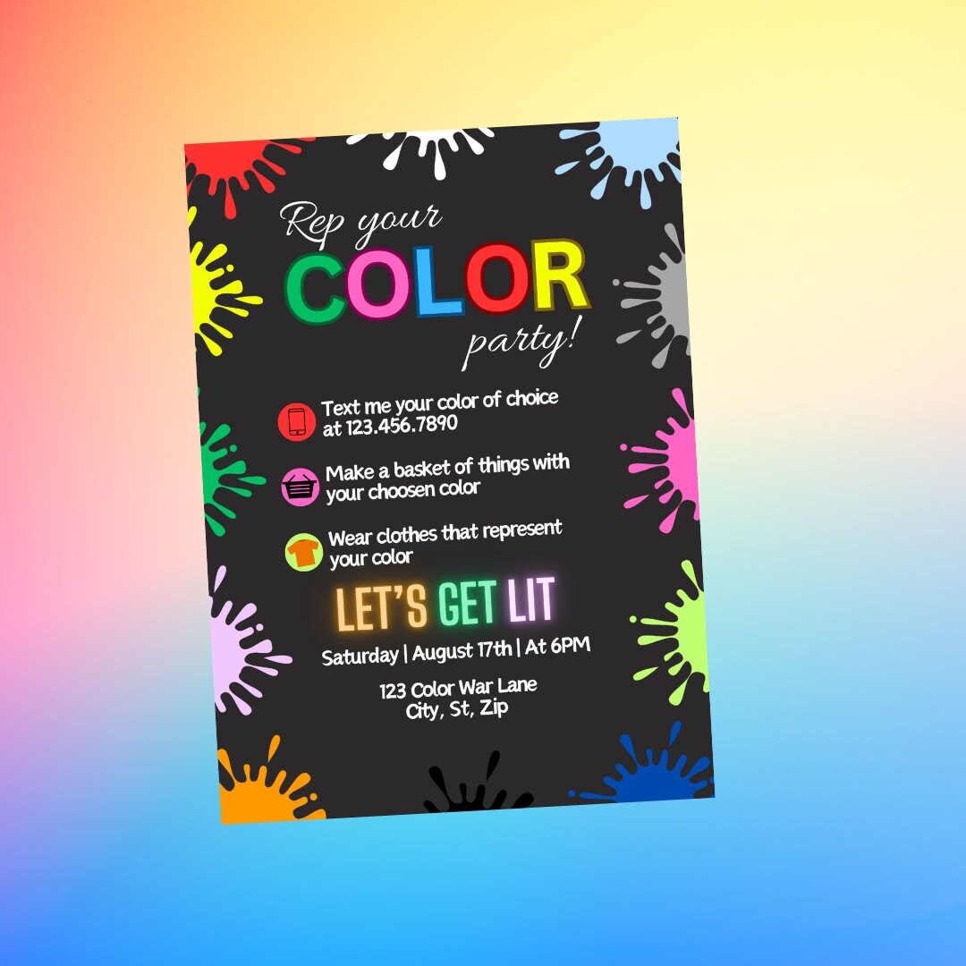 Color Wars Party Invite | Adult Color Party Invitation | Kids Color ...