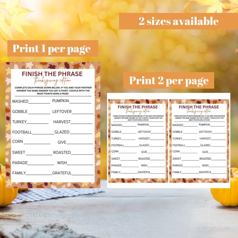 Thanksgiving Finish the Phrase Game: Printable Party Activity (digital ...