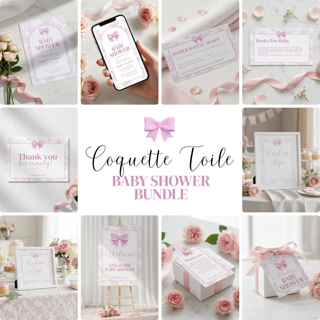Pink Toile Baby Shower Printable Bundle, Coquette Theme (digital ...