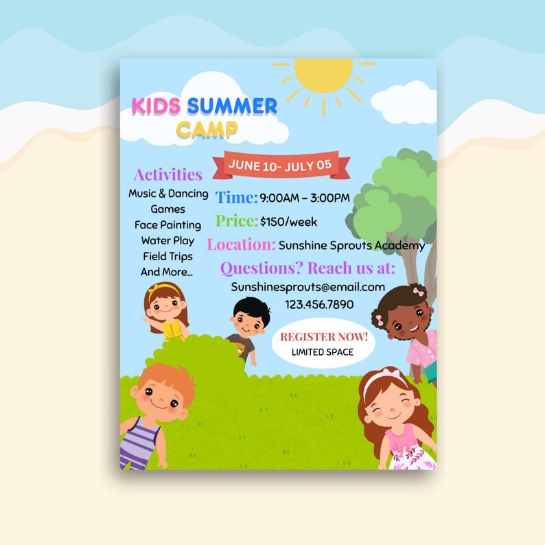 Editable Kids Summer Camp Flyer: Colorful Printable Canva Template ...