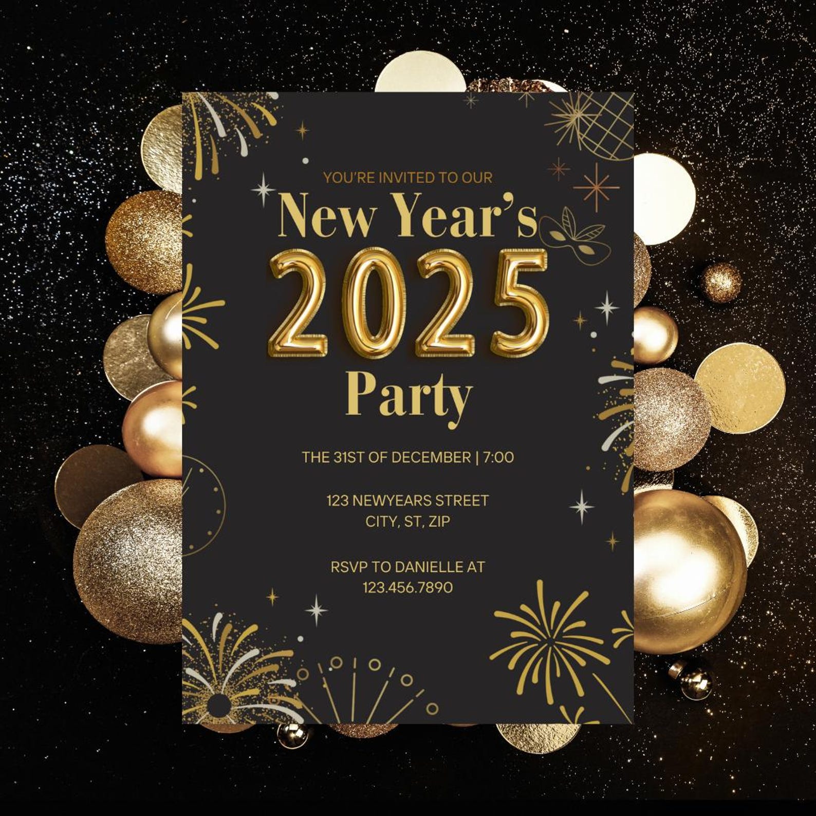 2025 New Years Party Invitation Template | Black and Gold New Years ...