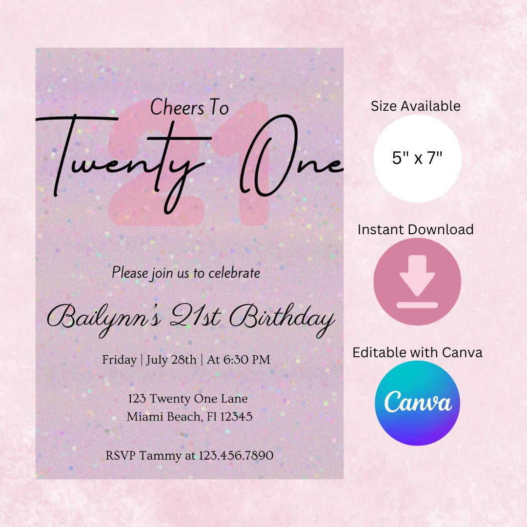 Pink 21st Birthday Party Invitation Twenty First Birthday Cheers to ...
