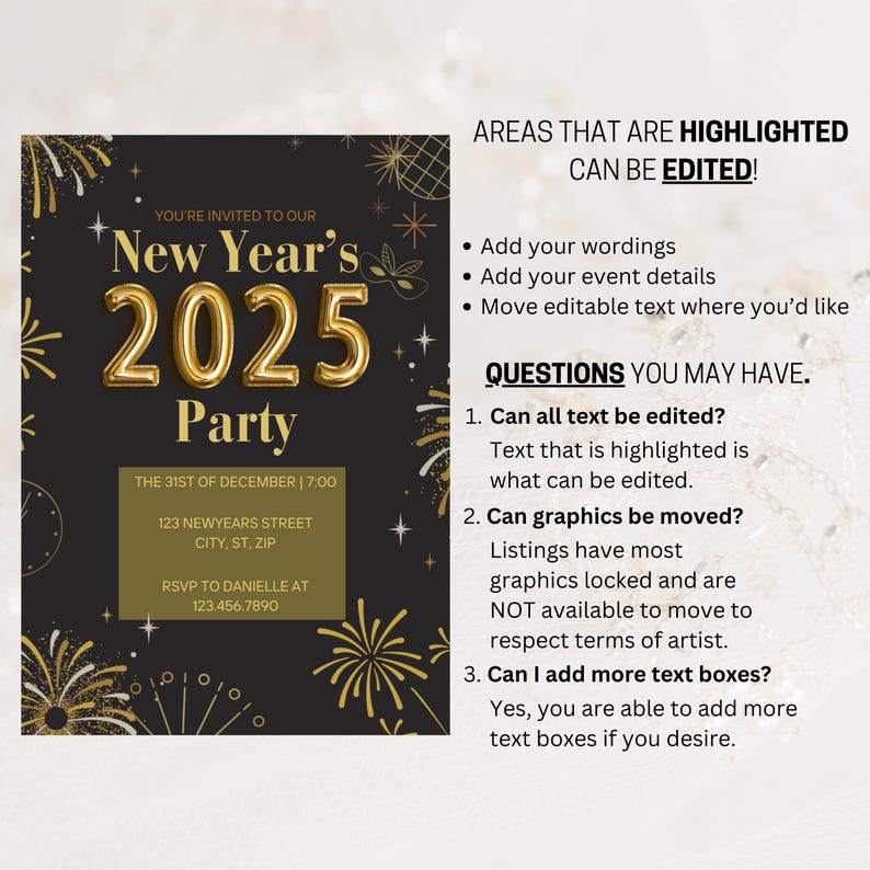 2025 New Years Party Invitation Template | Black and Gold New Years ...