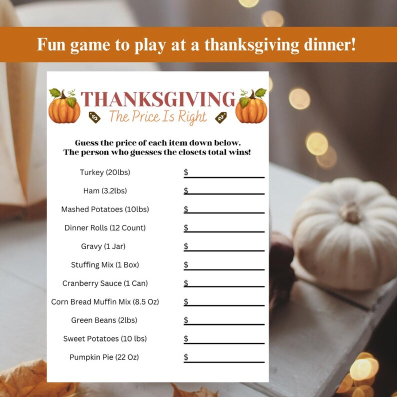Thanksgiving Price is Right Game: Printable Adult Party (digital ...